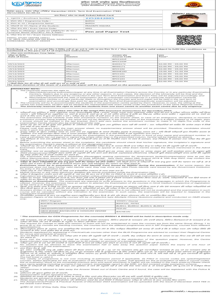 Ignou December-2023 Hall Ticketadmit Card | PDF