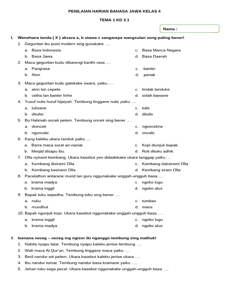 Penilaian Harian Bahasa Jawa Kelas 4 | PDF
