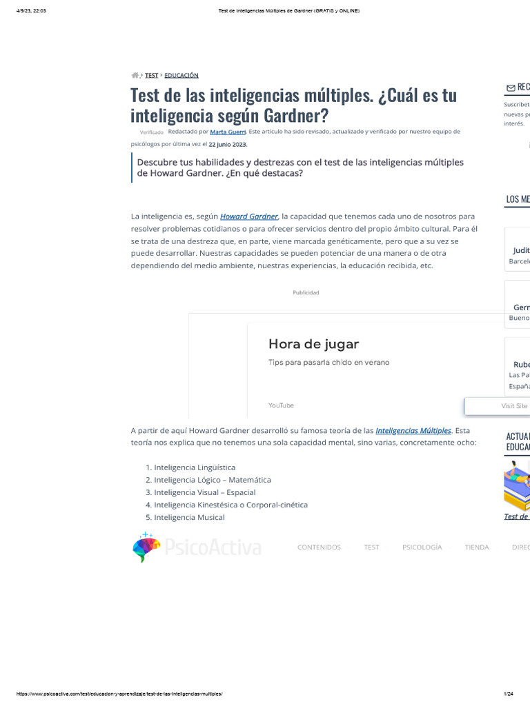 Test de Inteligencias Múltiples de Gardner (GRATIS y ONLINE) | PDF