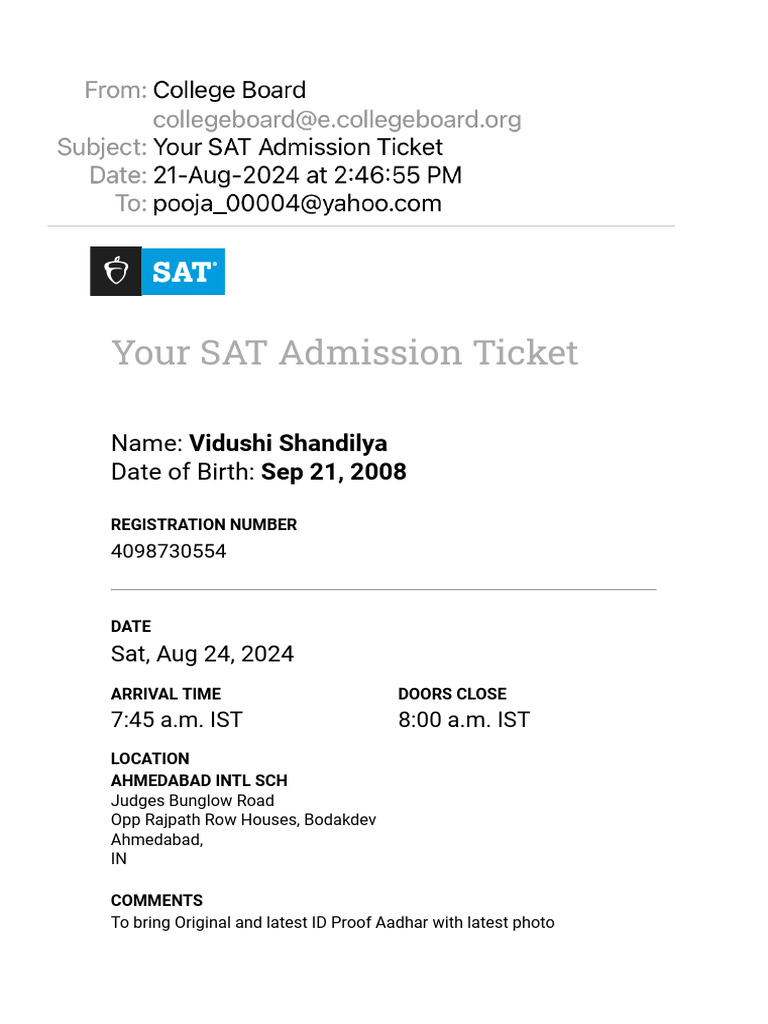 Your SAT Admission Ticket | PDF
