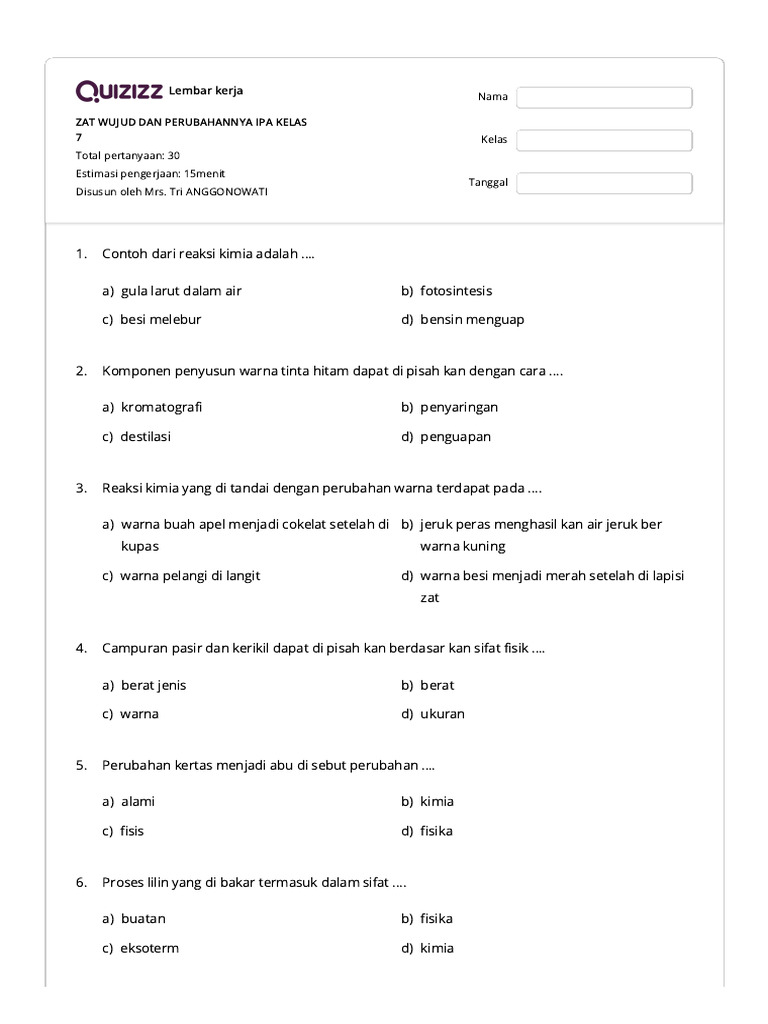 ZAT WUJUD DAN PERUBAHANNYA IPA KELAS 7 - Quizizz | PDF