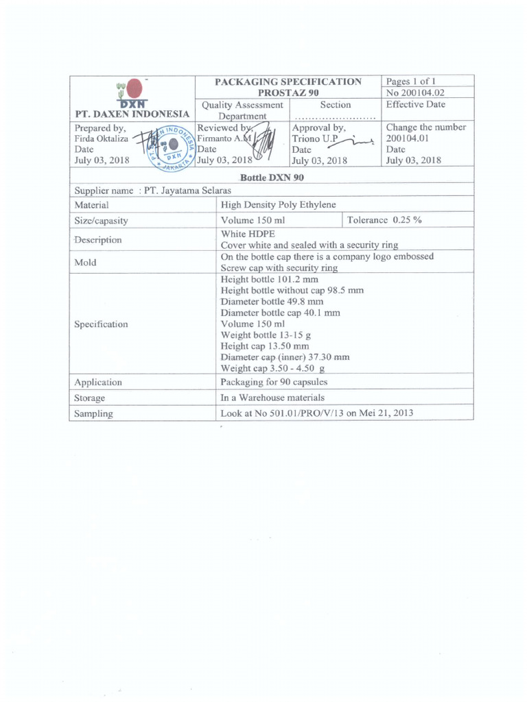 Packaging Specification-PROSTAZ | PDF