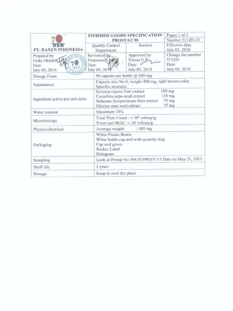 Finished Goods Specification-PROSTAZ | PDF