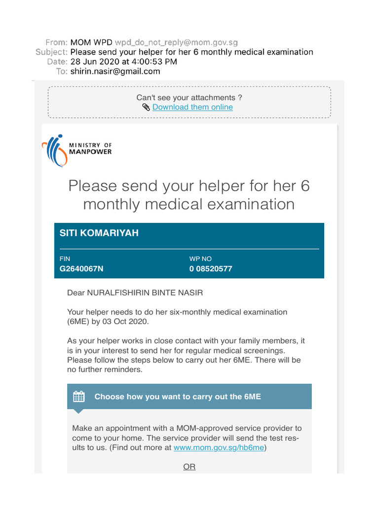 Please Send Your Helper For Her 6 Monthly Medical Examination | PDF