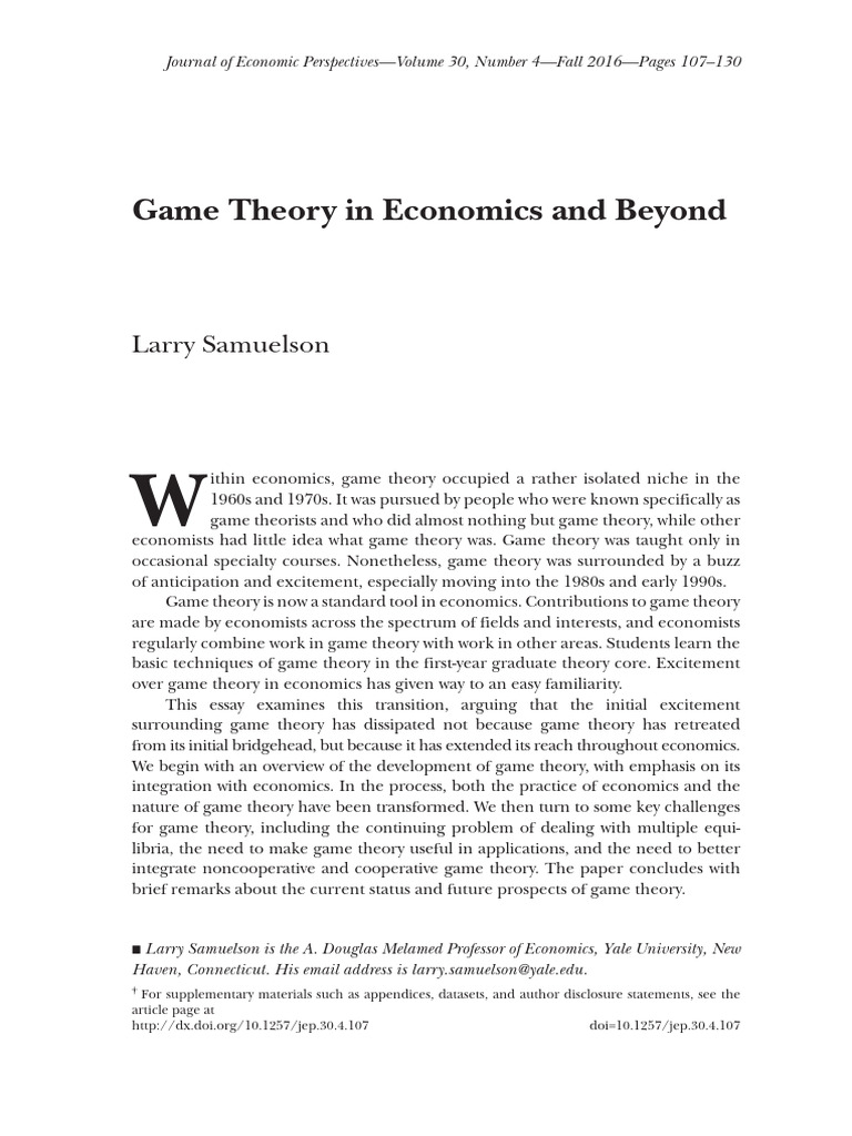 Samuelson 2016 Game Theory in Economics and Beyond | PDF