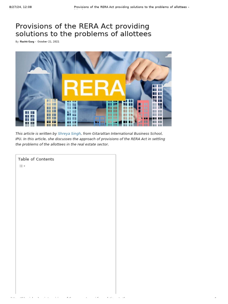 Provisions of The RERA Act Providing Solutions To The Problems of ...
