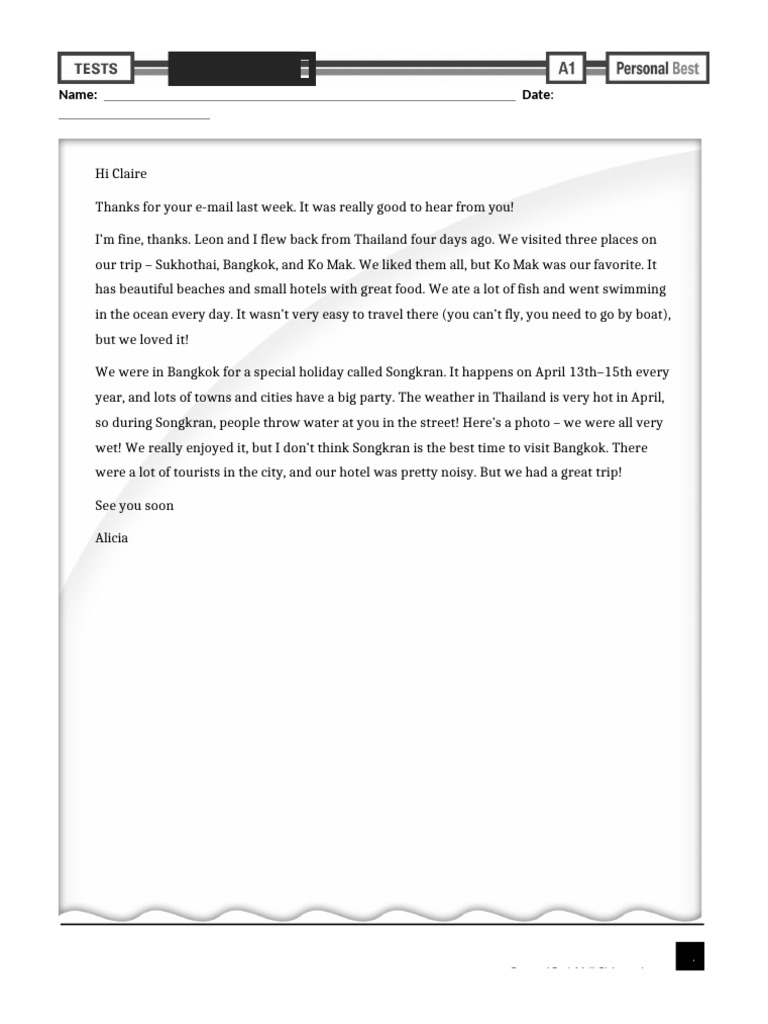 Personal Best A1 Unit 8 Reading Test | PDF
