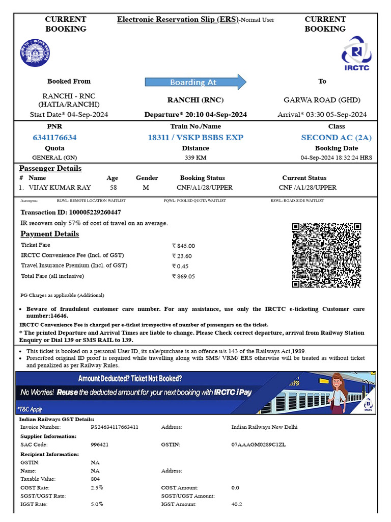 VSKP Bsbs Exp Second Ac (2A) : Current Booking Electronic Reservation ...