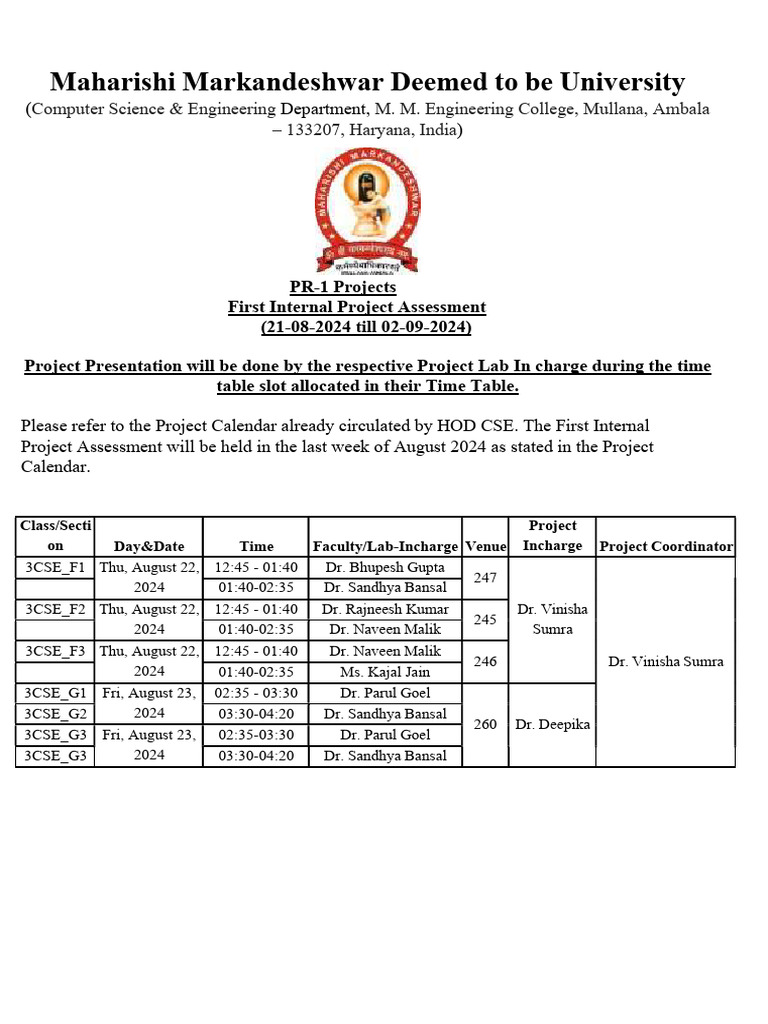 First Project Presentation Schedule As On 21-08-24 | PDF