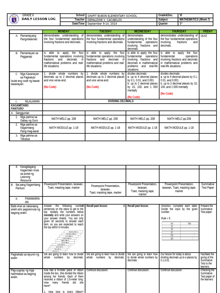 Q1 DLL Math6 Week7 | PDF