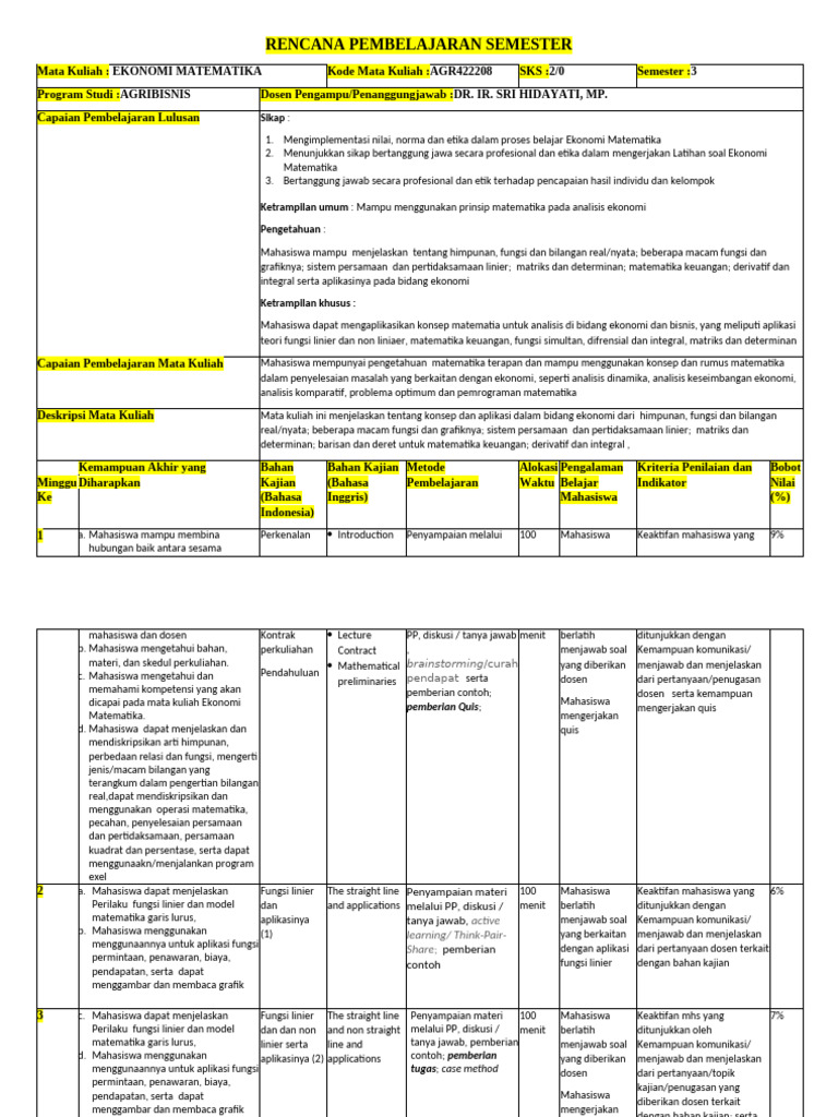 RPS Matematika Ekonomi | PDF