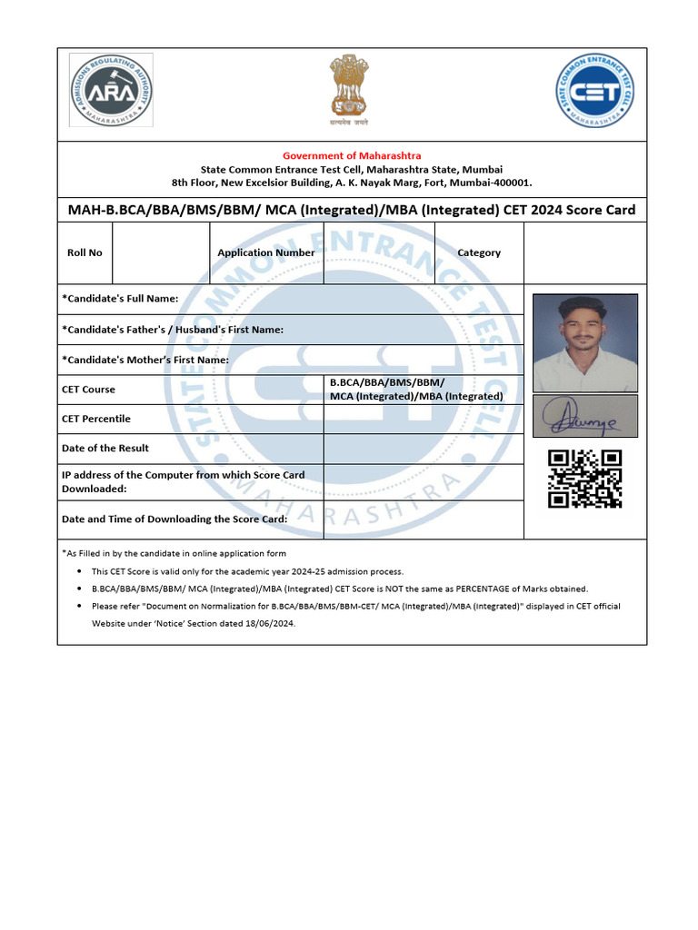MAH-B.BCA/BBA/BMS/BBM/ MCA (Integrated) /MBA (Integrated) CET 2024 Score Card | PDF