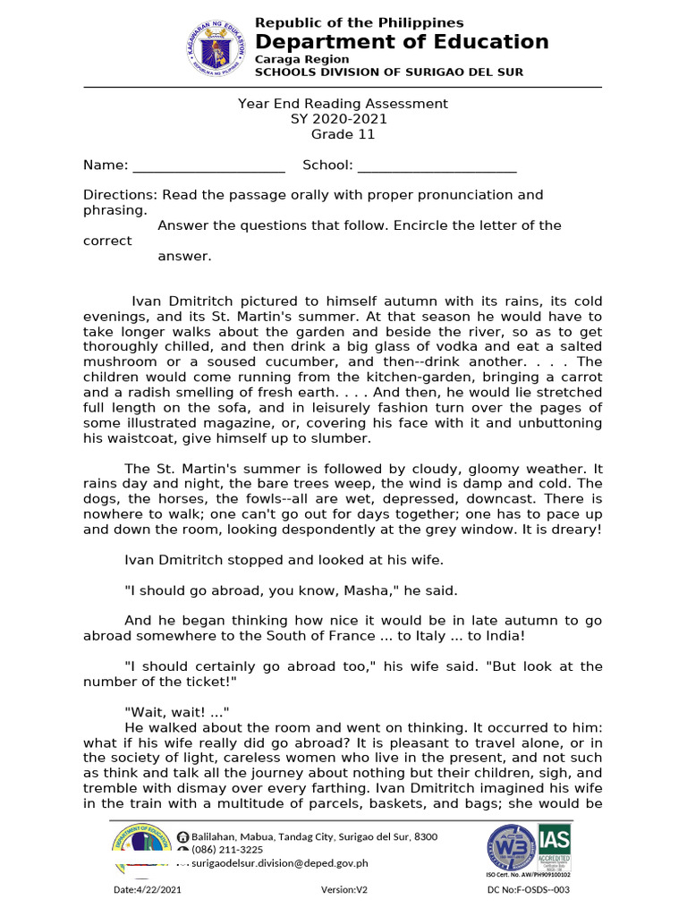 Grade 11 Reading Passage | PDF