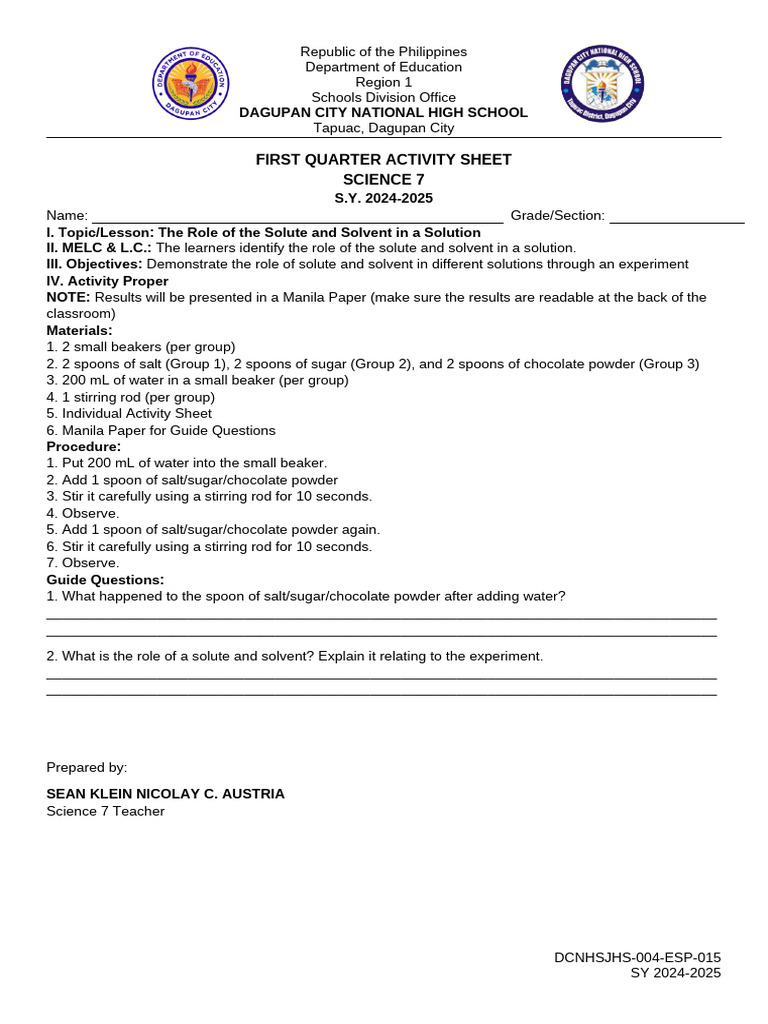 Sample Activity Sheet Q1 Co 2024-2025 | PDF