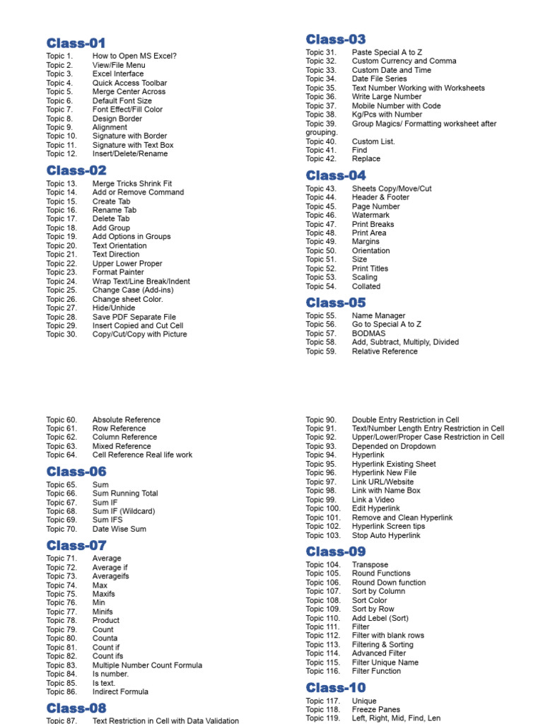 Excel Class Topics (For Video Course) | PDF