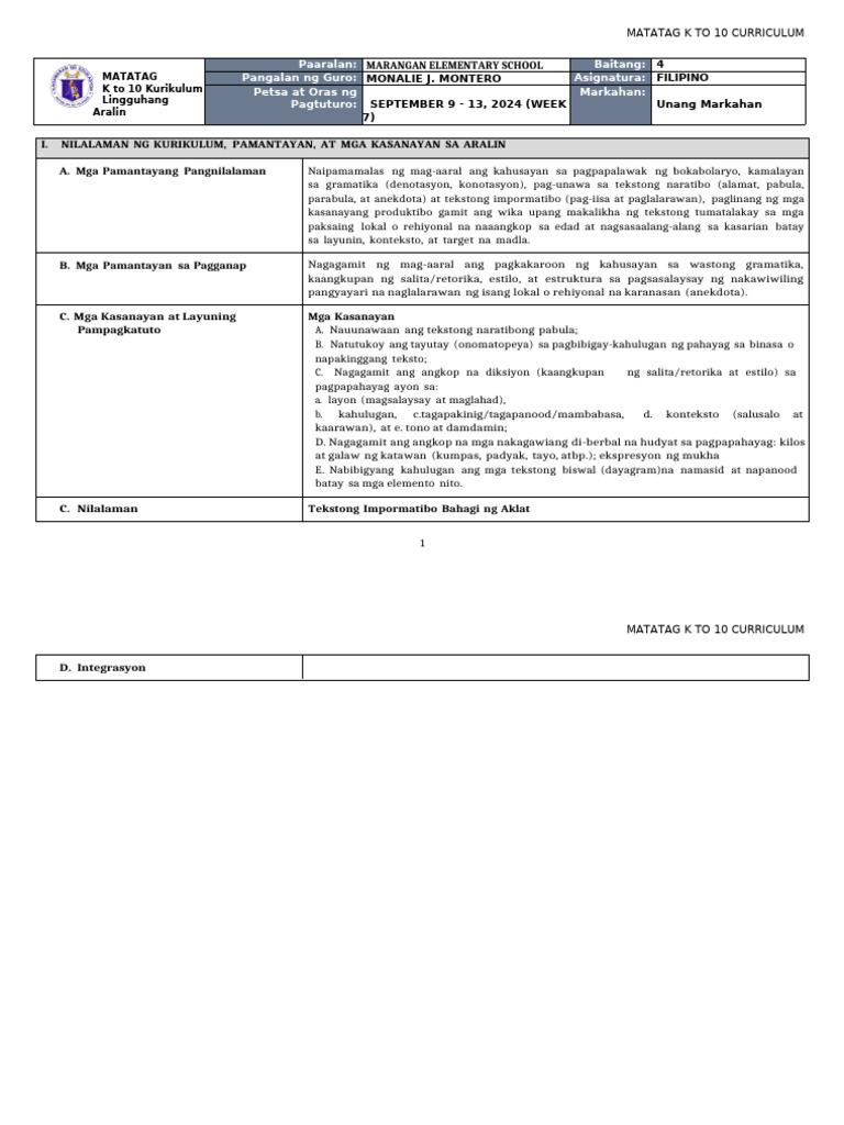 DLL Matatag - Filipino 4 Q1 W7 | PDF