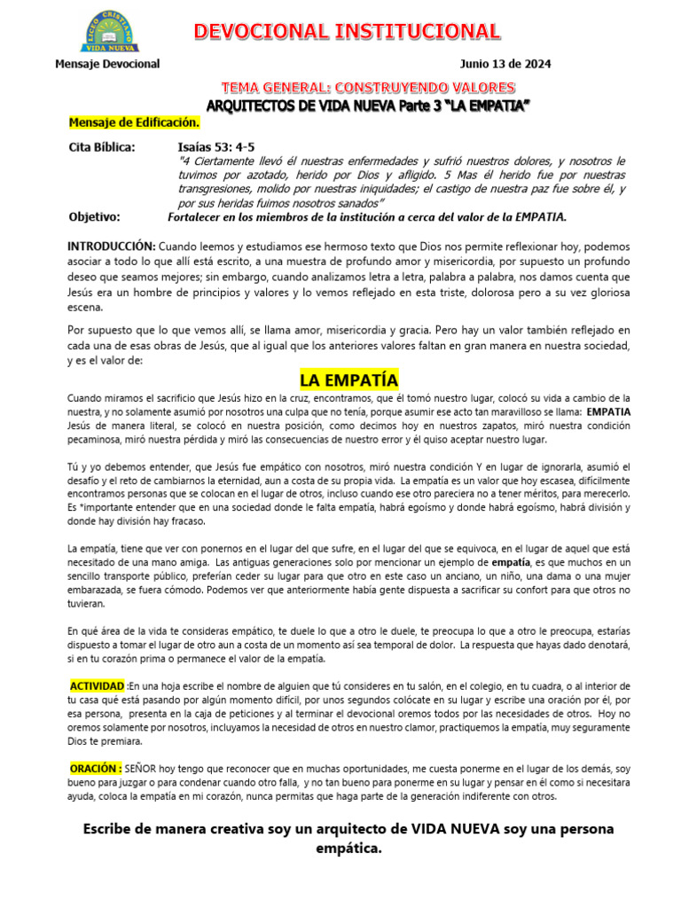 DEVOCIONAL JUNIO 13 DE 2024 CONSTRUYENDO EN VALORES, ARQUITECTOS DE VIDA NUEVA Parte 3 LA ...
