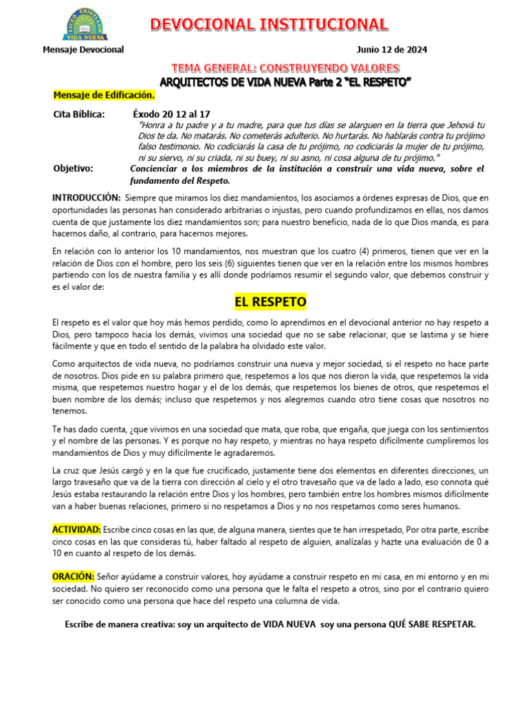 DEVOCIONAL JUNIO 12 DE 2024 CONSTRUYENDO EN VALORES, ARQUITECTOS DE VIDA NUEVA Parte 2 EL ...
