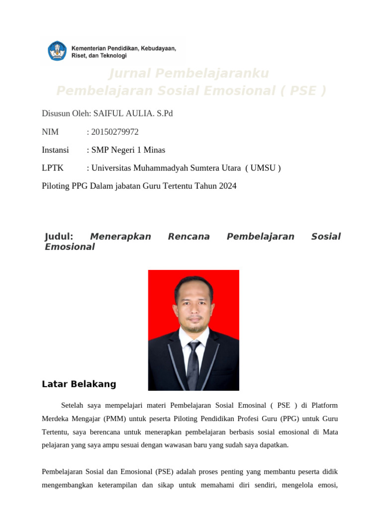 Jurnal Pembelajaran - Modul 1 - Pembelajaran Sosial Emosional (Pse) - PPG - Saiful | PDF