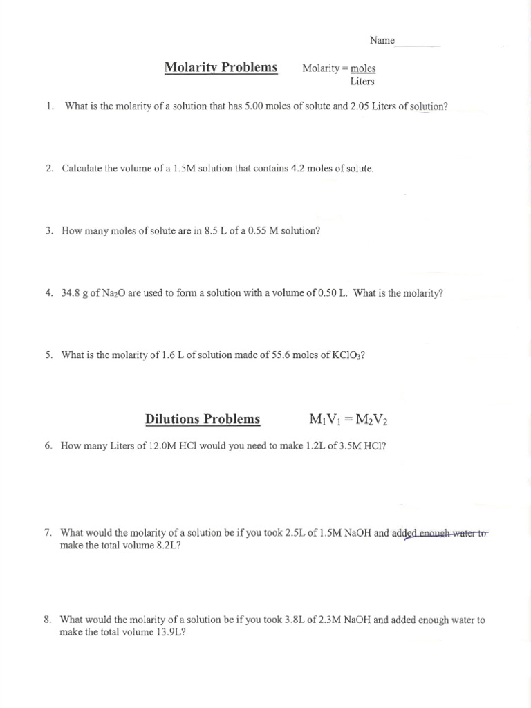 Molarity and Dilutions Worksheet | PDF