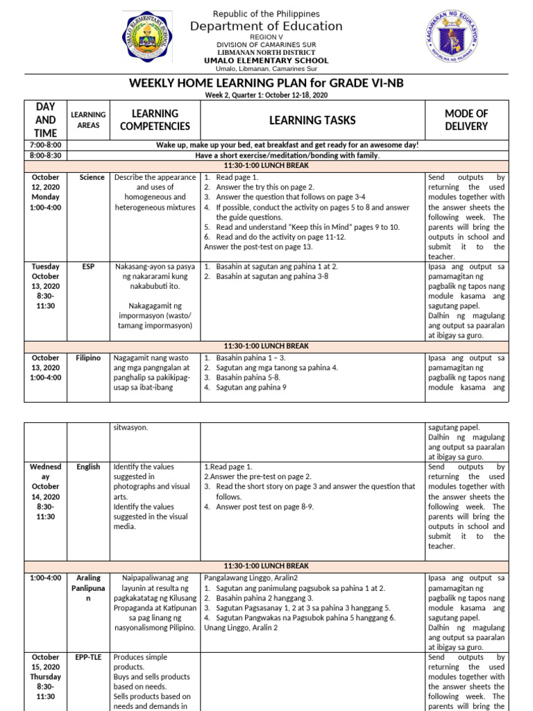 2 Weekly-Home-Learning-Plan-Grade-6 | PDF
