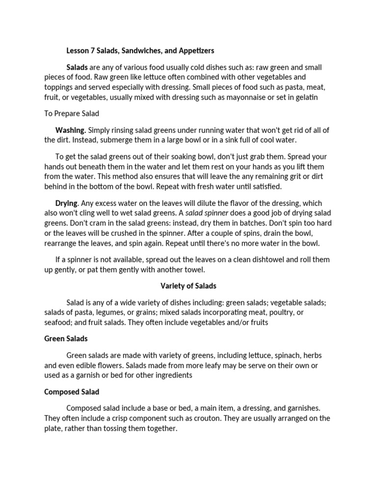 Salads, Sandwiches, and Appetizers Guide | PDF | Salad | Coleslaw