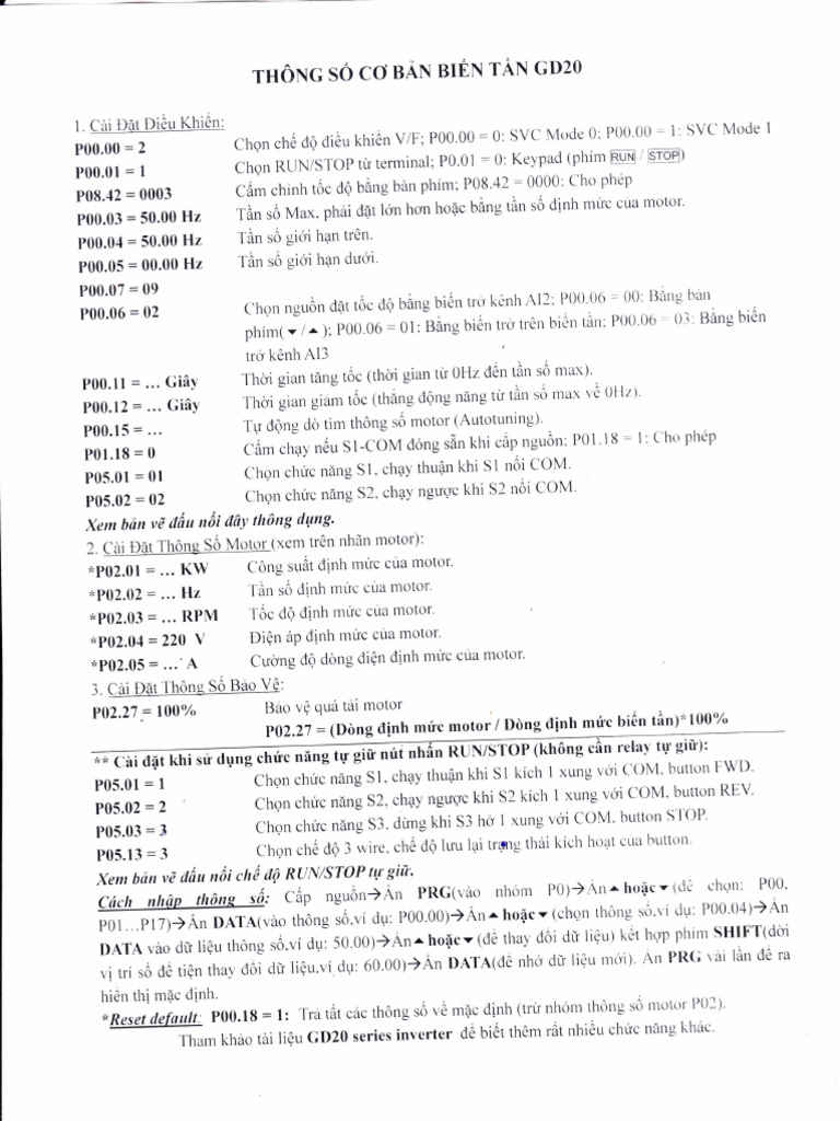 Thong So Cai Dat INVT GD20 | PDF