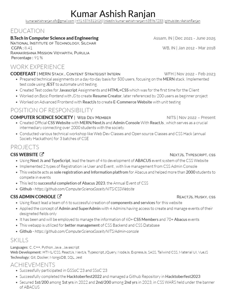 Resume Kumar Ashish Ranjan 2112144 NIT Silchar | PDF