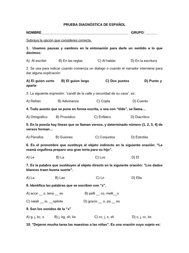 Prueba Diagnóstica de Español | PDF | Language Arts & Discipline
