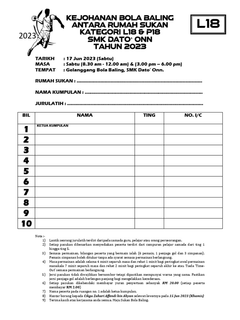 Borang Pertandingan L18 2023 | PDF