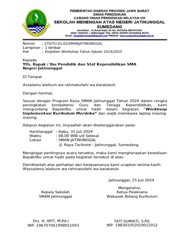 Surat Undangan Workshop Untuk Guru Smanjat 2024 | PDF