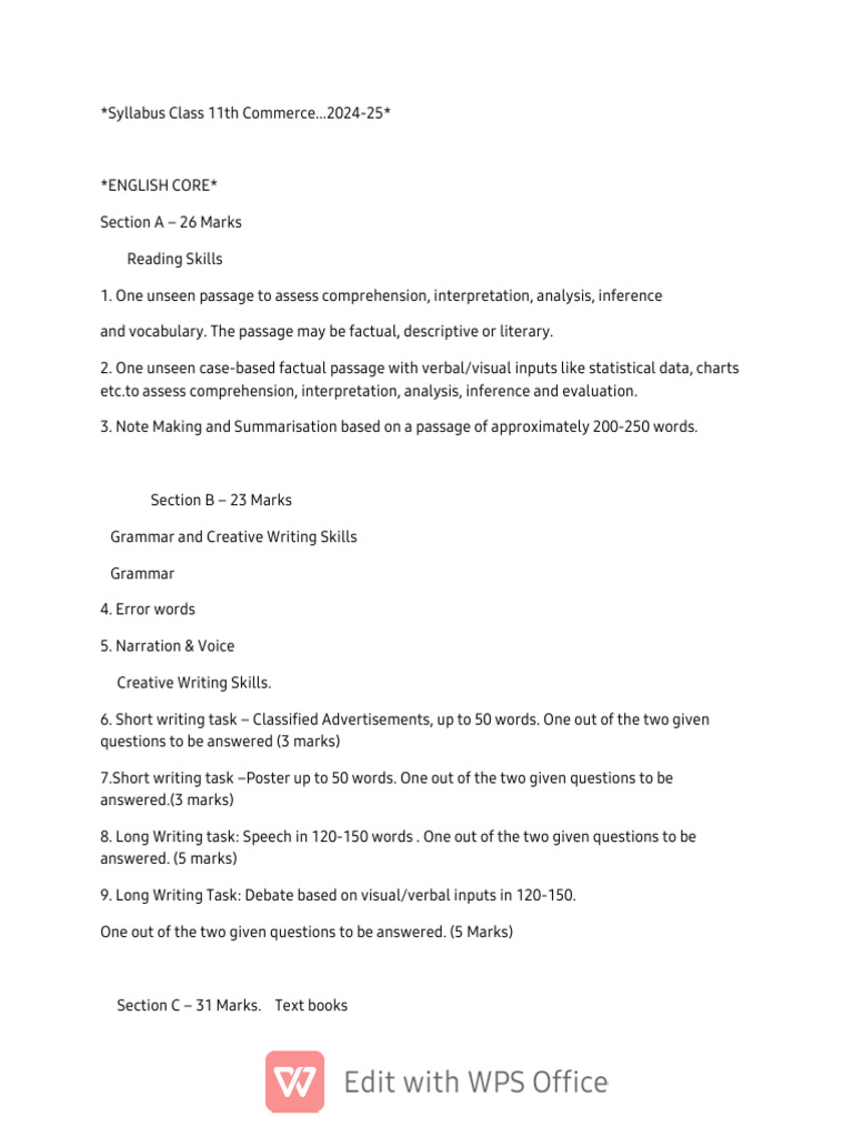 Syllabus Class 11th Commerce HF | PDF