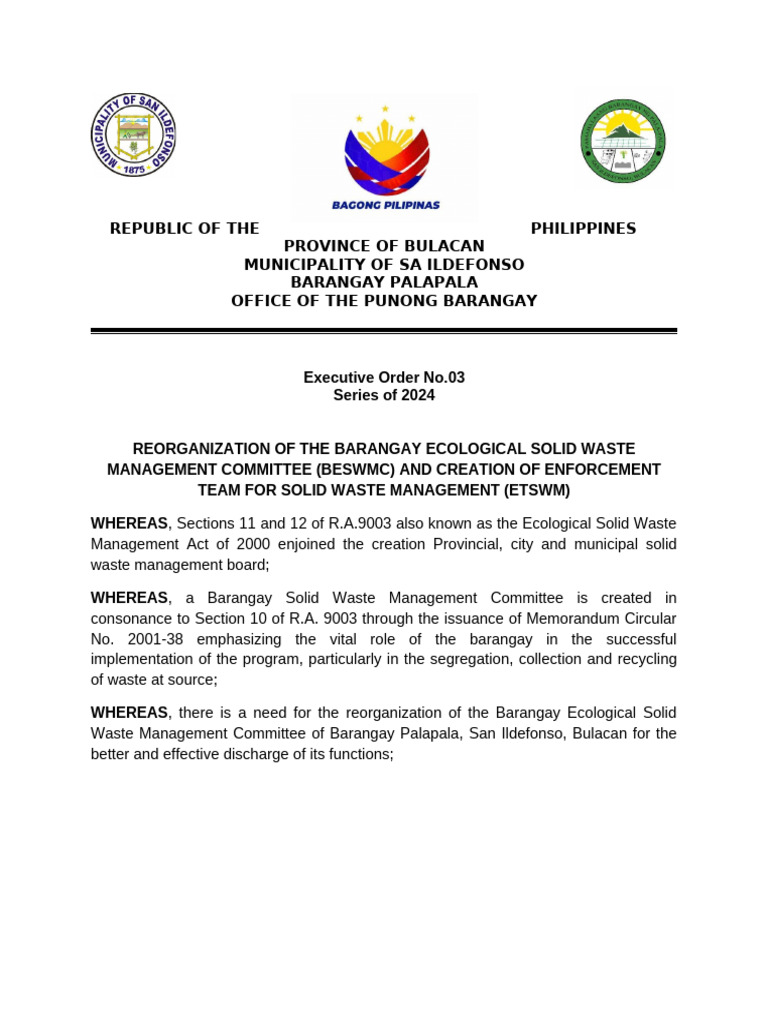 Barangay Executive Order-003-2024 Beswmc | PDF