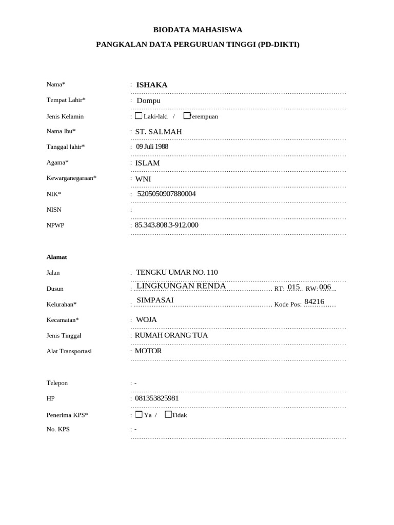 Form Biodata Mahasiswa (PD-Dikti) | PDF