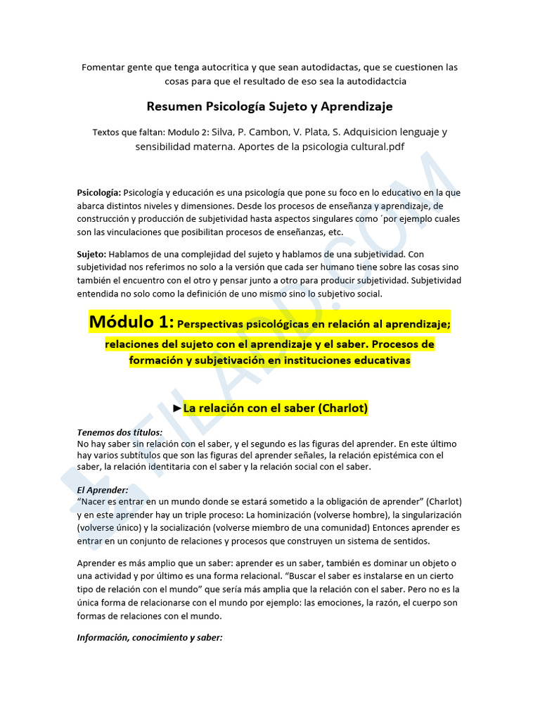 Resumen Psico Sujeto y Aprendizaje Ignacio | PDF | Aprendizaje | Plan de estudios