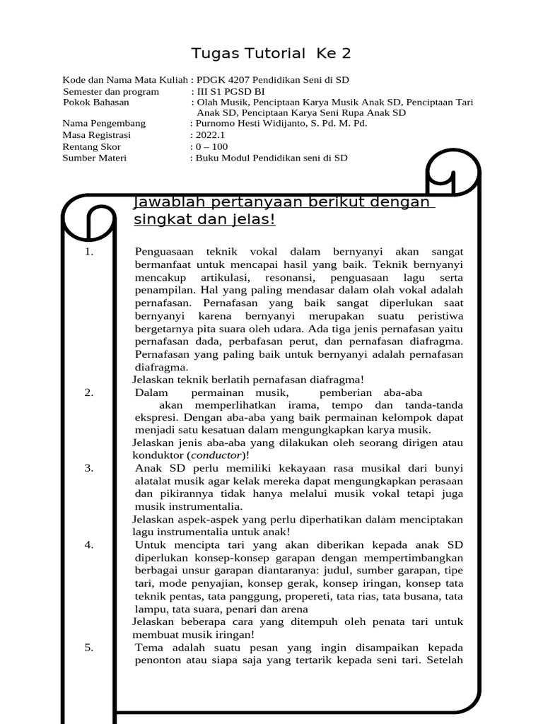 TT 2 Seni Di SD Sem 3 Muh B | PDF