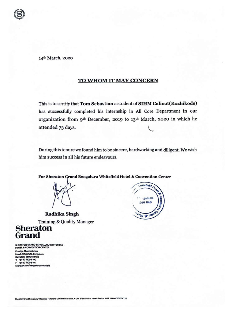 Sheraton Training Certificate | PDF