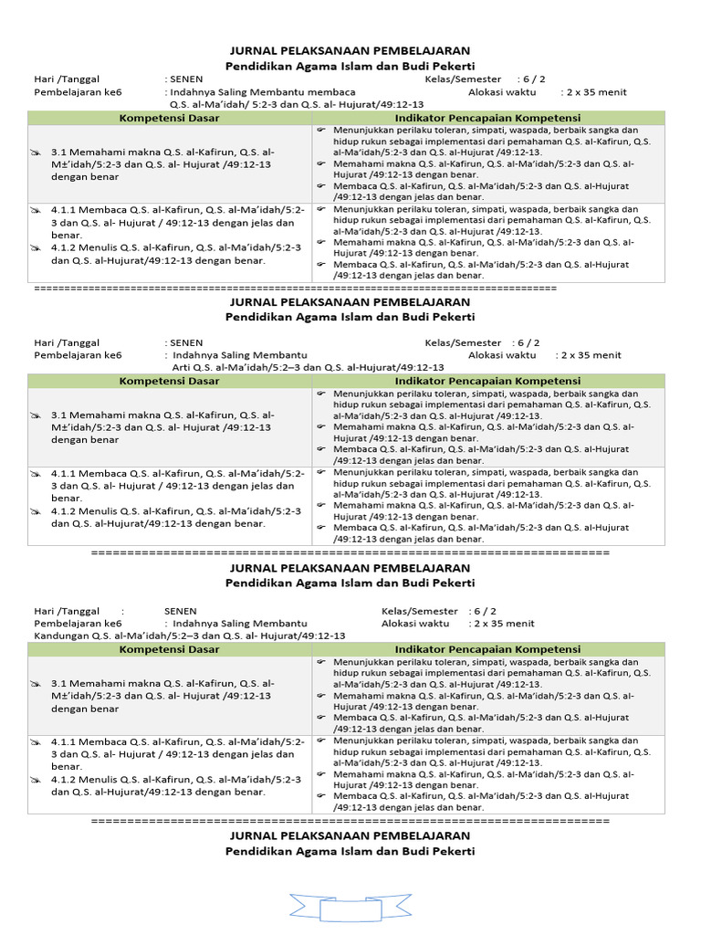 Jurnal PAI Kelas 6 Semester 2 - Websiteedukasi | PDF
