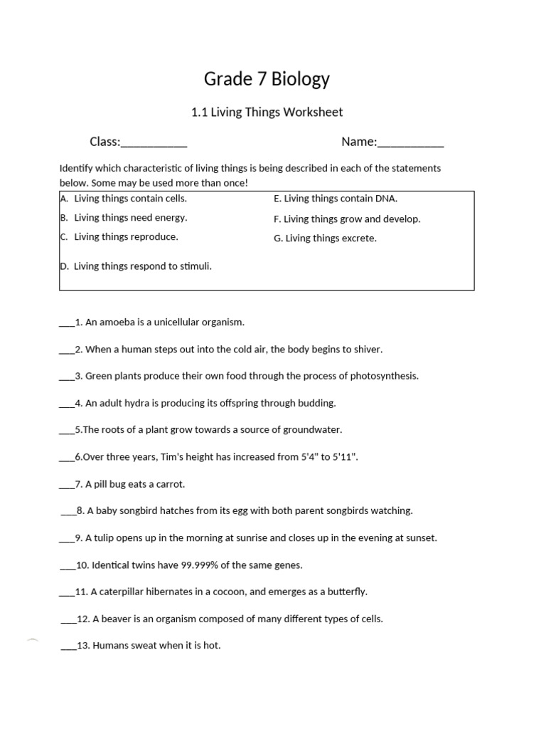 1.1 Living Things - Worksheet | PDF