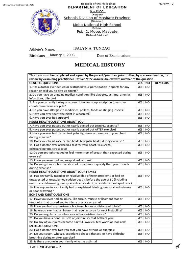 Medical Certificate (MC) Form 2 - Additional for Combative Sports & Gymnastics | PDF