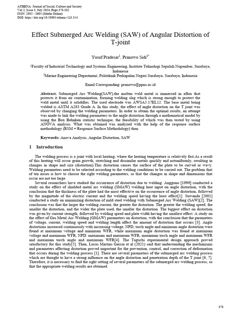 Effect Submerged Arc Welding (SAW) of Angular Distortion of T-joint | PDF Effect Submerged Arc Welding (SAW) of Angular Distortion of T-joint | PDF