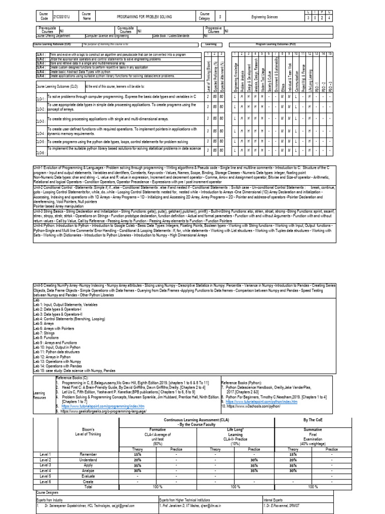 Syllabus For PROGRAMMING FOR PROBLEM SOLVING | PDF