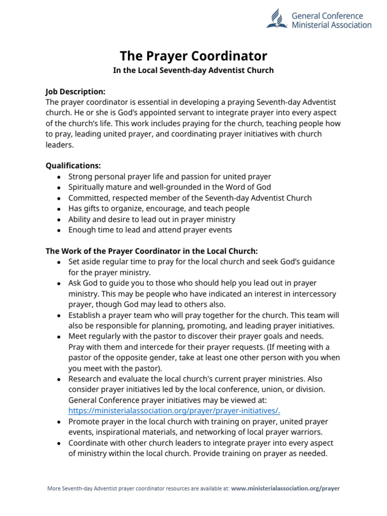 SDA Prayer Coordinator Role and Duties | PDF | Prayer | Career & Growth