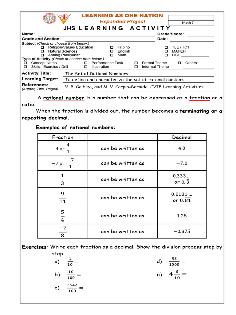 Math 7 LAS 18 The Set of Rational Numbers | PDF