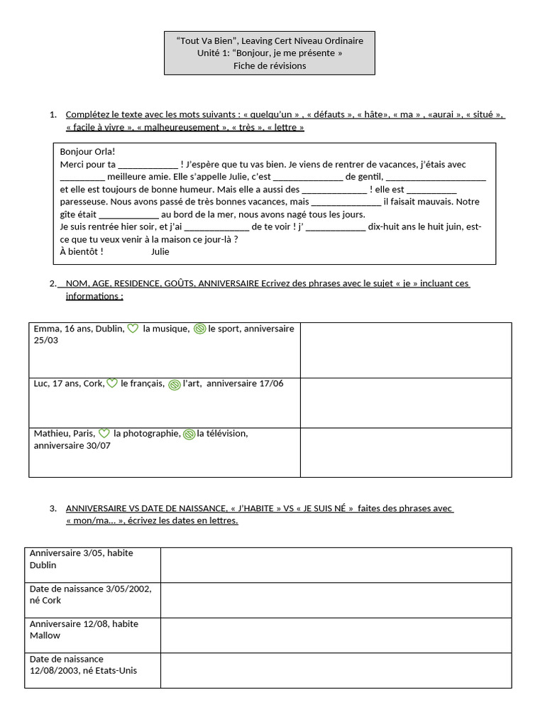 Unit 1 Leaving Cert French | PDF