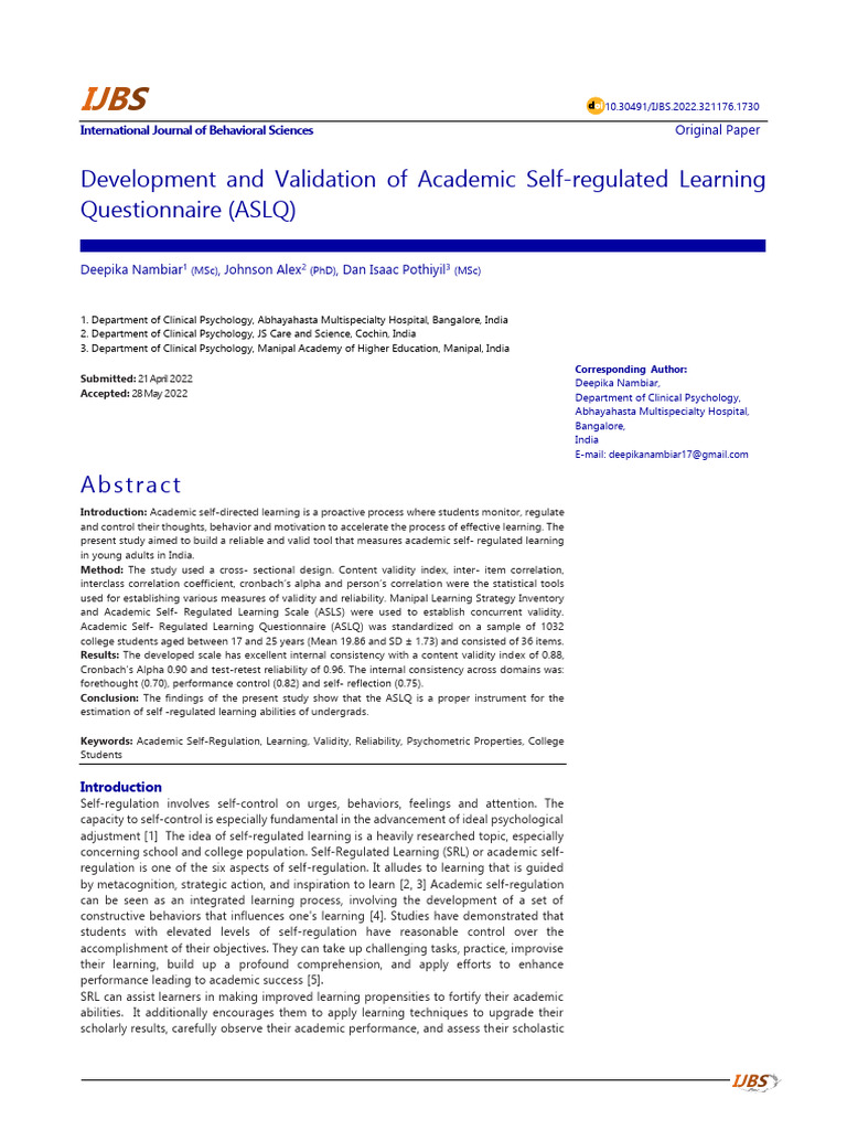 Self-Regulated Learning Questionnaire | PDF