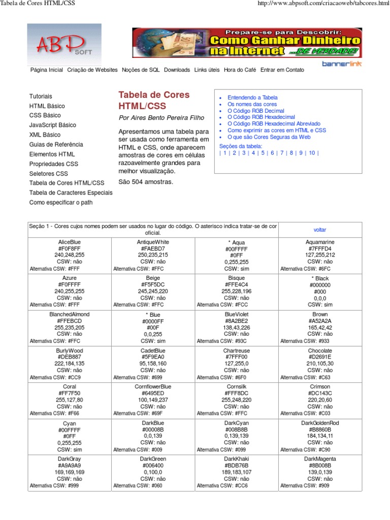Tabela de Cores HTML e Css | PDF | Modelo de cores RGB | Folhas de ...