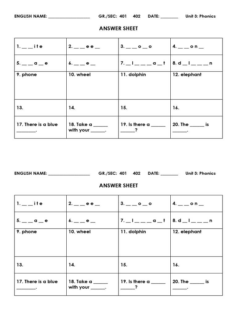 Answer Sheet Phonics Unit 3 | PDF