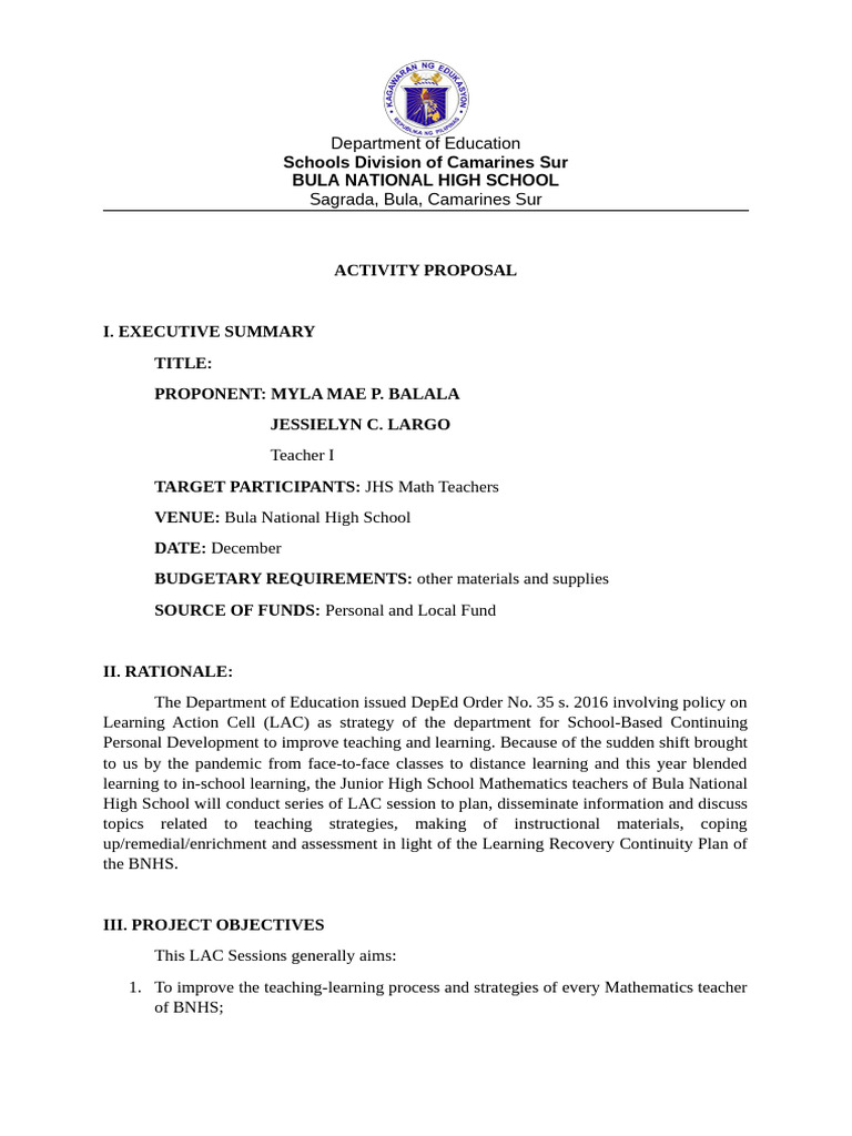 Activity Proposal: Schools Division of Camarines Sur Bula National High ...