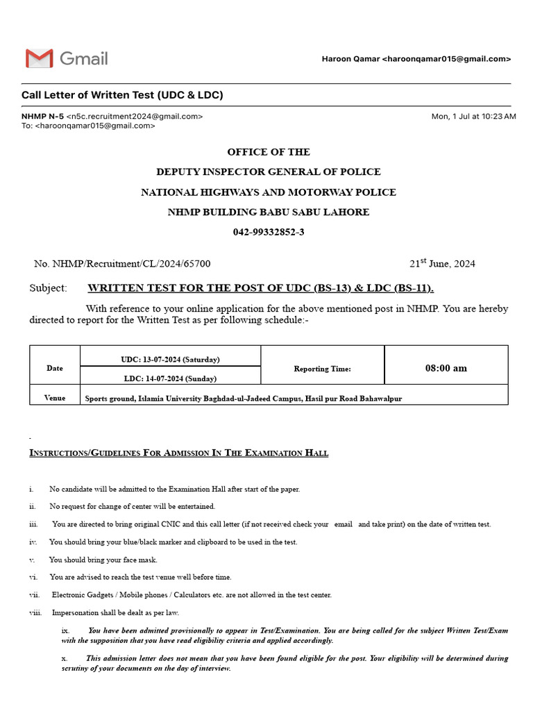 Call Letter of Written Test (UDC & LDC) | PDF